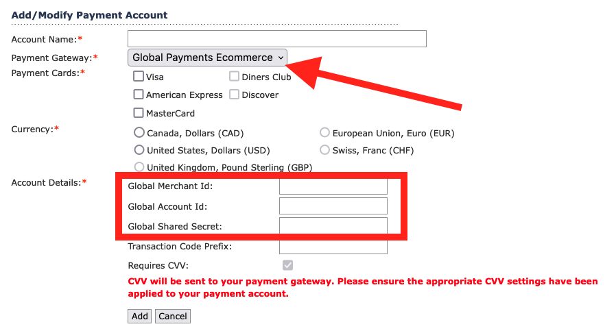 Connecting a Global Payments ECommerce payment account.